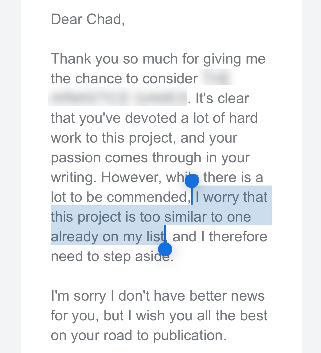Query response: ‘This project is too similar to one already on my list ...